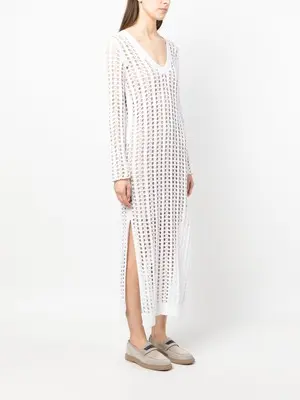 Brunello Cucinelli V-neck Open-knit Long Dress