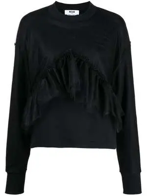 MSGM Cotton Sweatshirt With Tulle Overlay And Ruffled Detail