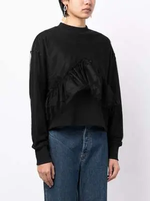 MSGM Cotton Sweatshirt With Tulle Overlay And Ruffled Detail