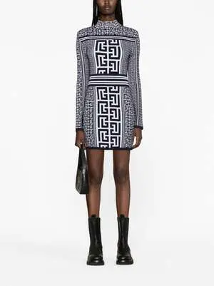 Balmain Monogram Jacquard Knit Minidress - White