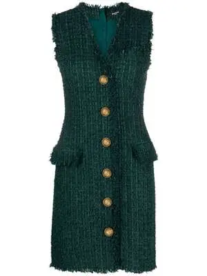 Balmain V-neck Buttoned Tweed Mini Dress