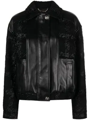 Versace Glittered Leather Bomber Jacket - Black