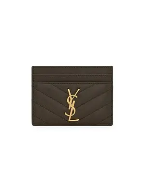 Saint Laurent Cassandre Matelass Card Case In Lambskin Green