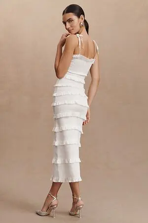 V. CHAPMAN Lily Ruched & Ruffled Stretch Midi Dress