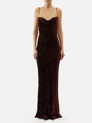 Saint Laurent Saint Laurent - Cowl-neck Zebra-devoré Velvet Gown - Womens - Burgundy - Burgundy