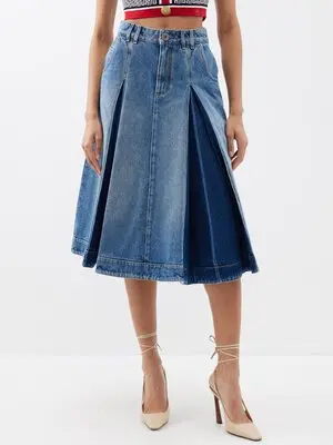 Balmain Balmain - Box-pleat Denim Midi Skirt - Womens - Mid Denim - Mid Denim