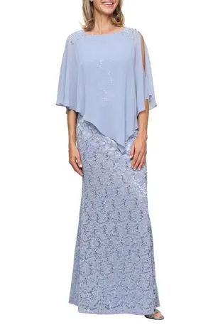 SL FASHIONS Beaded Lace & Chiffon Capelet Gown - Hydrangea