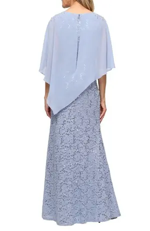 SL FASHIONS Beaded Lace & Chiffon Capelet Gown - Hydrangea