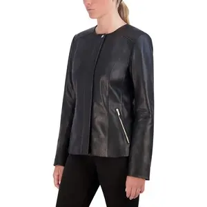 Cole Haan Collarless Leather Jacket - Black