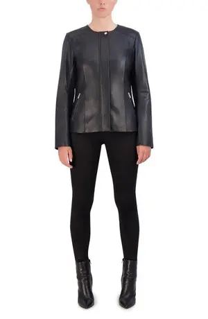 Cole Haan Collarless Leather Jacket - Black