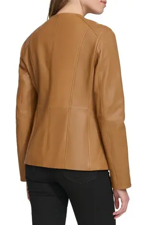 Cole Haan Collarless Leather Jacket - Hazelnut