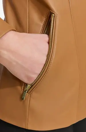 Cole Haan Collarless Leather Jacket - Hazelnut