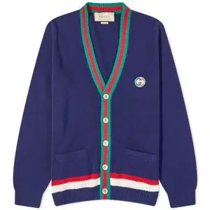 Gucci Gg Logo Stripe Placket Cardigan - Navy
