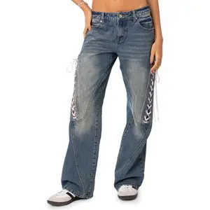 EDIKTED Lace-up Low Rise Wide Leg Jeans - Blue