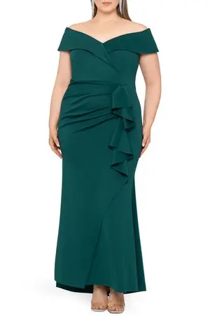 XSCAPE EVENINGS Off-the-shoulder Ruffle Gown - Hunter