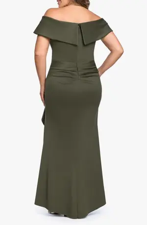 XSCAPE EVENINGS Off-the-shoulder Ruffle Gown - Olive