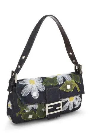 Fendi Denim Daisy Embroidered Baguette