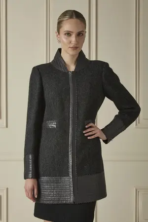 Chanel Herringbone Wool Coat With Leather Trim