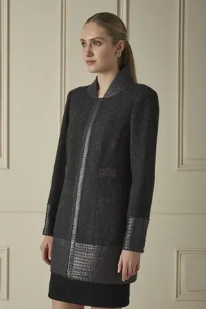 Chanel Herringbone Wool Coat With Leather Trim
