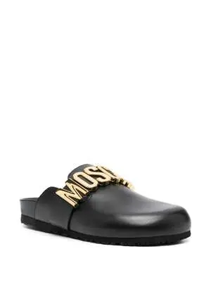 Moschino Leather Mules With Logo Plaque - Black