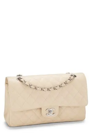 Chanel Quilted Caviar Classic Double Flap Medium Shoulder Bag - Beige