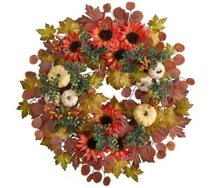 NEARLY NATURAL 30' Sunflower, Pumpkin & Maple L Eaf Wreath - One-color