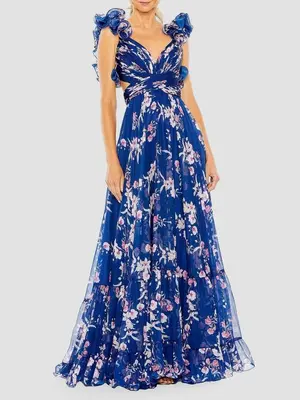 Mac Duggal Floral Ruffled Tiered Chiffon Gown