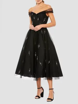 Mac Duggal Embellished Off-the-shoulder Midi-dress - Black