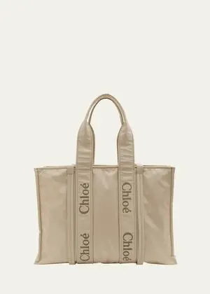 Chloé Woody Medium Tote Bag In Recycled Nylon - Dusty Ivory