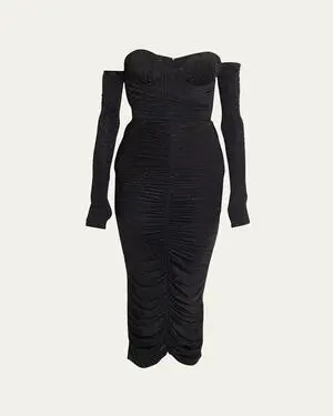 Alex Perry Crystal Strapless Ruched Midi Dress With Gloves In Black - 60%  Off | Editorialist