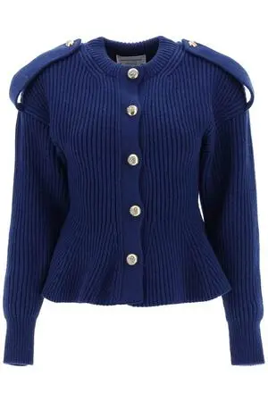 Alexander McQueen Ribbed Peplum Cardigan - Blue