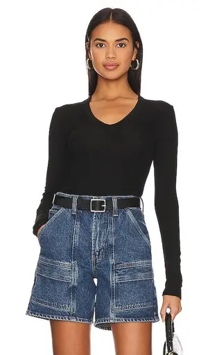 Enza Costa Rib Bold Long Sleeve U Top - Black