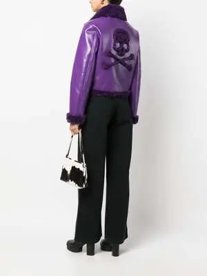 Philipp Plein Faux Shearling-trim Biker Jacket - Purple
