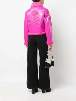 Philipp Plein Faux Shearling-trim Biker Jacket - Pink