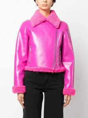 Philipp Plein Faux Shearling-trim Biker Jacket - Pink