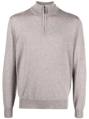 Canali Zip-detail Merino Jumper - Brown