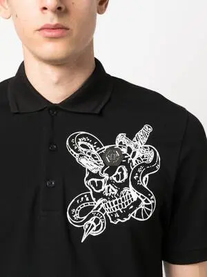 Philipp Plein Snake-print Cotton Polo Shirt - Black