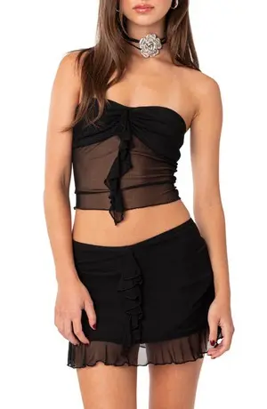 EDIKTED Solange Ruffle Mesh Tube Top - Black