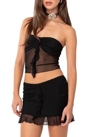 EDIKTED Solange Ruffle Mesh Tube Top - Black