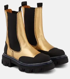 GANNI Metallic Leather Chelsea Boots - Gold
