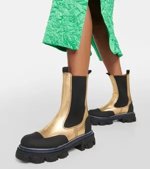 GANNI Metallic Leather Chelsea Boots - Gold