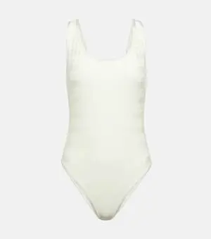 Balmain Logo Striped Swimsuit - White