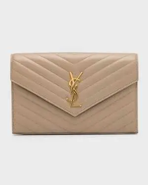 Saint Laurent Ysl Monogram Large Wallet On Chain In Smooth Leather Dusty Grey