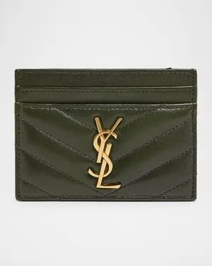 Saint Laurent Ysl Monogram Card Case In Quilted Smooth Leather Olive Wood