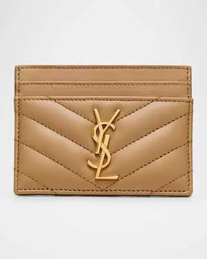 Saint Laurent Ysl Monogram Card Case In Quilted Smooth Leather Tan Multi