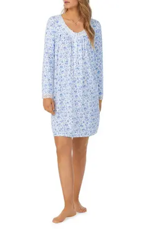 Eileen West Long Sleeve Short Nightgown White Blue Pt