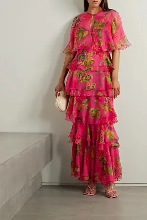 Oscar De La Renta Tiered Ruffled Floral-print Silk-chiffon Gown
