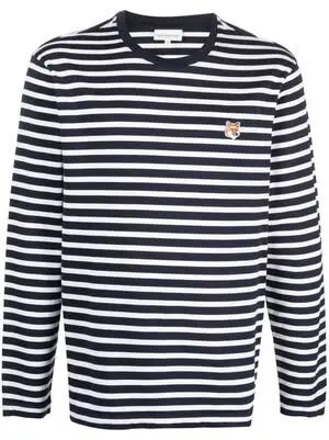 Maison Kitsuné Fox-motif Striped Cotton T-shirt - Blue