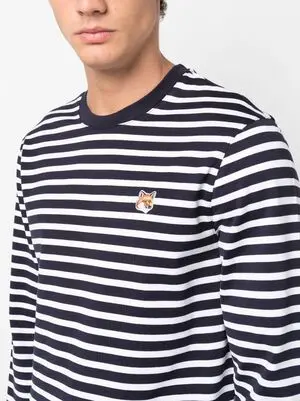 Maison Kitsuné Fox-motif Striped Cotton T-shirt - Blue