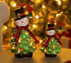 EVERGREEN Set Of 2 Led Ceramic Christmas Snowme Table Decor - One-color